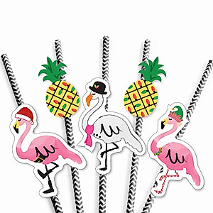 Big Dot of Happiness Flamingle Bells - Paper Straw Decor - Tropical Flamingo Christmas Party Striped Decorative Straws - Set of 24