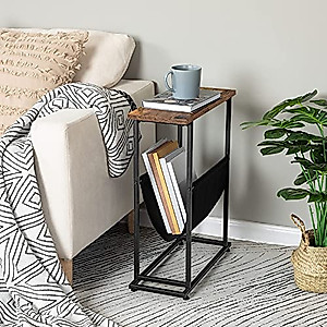 HOOBRO Side Table with Magazine Holder Sling, Narrow End Table, Industrial Slim Nightstand for Small Spaces, Wood Look Accent Table with Metal Frame, Easy Assembly, Rustic Brown and Black BF81BZ01