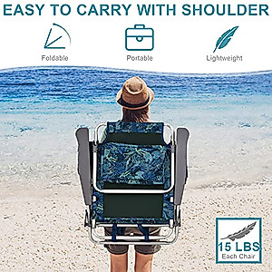 GYMAX Beach Chairs, 2Pcs Backpack Beach Chairs with Table, Tanning Lounge Chair with Armrest, Cooler Bag, Cup Holder, Towel Bar & Side Pockets, Folding Lounger Layout Chairs (Blue Leaves, with Table)