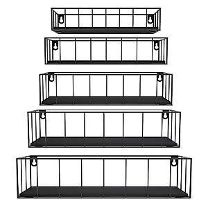 CRUGLA Black Floating Shelves Wall Mounted Set of 5, Hanging Wall Shelf with Rail for Bathroom, Bedroom, Living Room, Kitchen