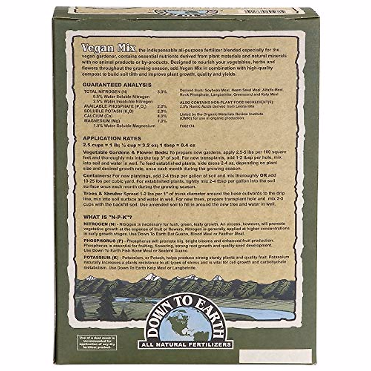 Down to Earth Organic Vegan Fertilizer Mix 3-2-2, 5 lb