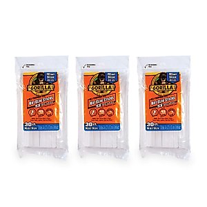 Gorilla Hot Glue Sticks, Mini Size, 4" Long x .27" Diameter, 30 Count, Clear, (Pack of 3)