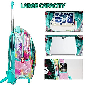 IvyH Wheeled Backpack for Girls, Kids Backpack Trolley Bag with Lunch Bag Pencil Case Sequins Primary School Bag Set 16 inch PU Pupils Satchel Rolling Backpack for Girls