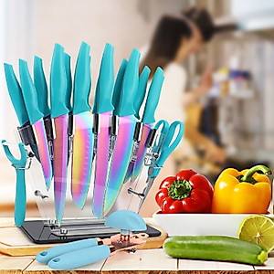 Knife Set, 18-Piece Rainbow Titanium Coating Cutlery Knives Block Set 14pcs Rainbow Titanium Stainless Steel Chef Knives, can opener , Acrylic Block Stand, Sharp Scissors and Peeler (Teal)