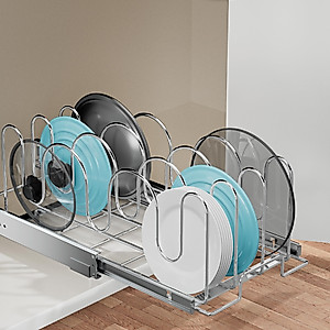 ROOMTEC Slide Out Pan and Pot Lid Organizer for Cabinet, Kitchen Pull Out Pot Lid Rack Pantry Cutting Board Bakeware Cookware Holder - 11in. W x 21in. D - Chrome