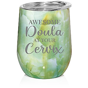 12 oz Double Wall Vacuum Insulated Stainless Steel Stemless Wine Tumbler Glass Coffee Travel Mug With Lid Awesome Doula At Your Cervix Funny Midwife Labor Pregnancy (Turquoise Green Marble)