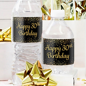 Black and Gold 30th Birthday Party Water Bottle Labels - 24 Stickers