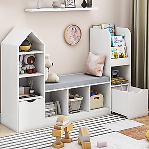 Vabches Kids Bookcase and Bookshelf with Reading Nook, Multifunctional Bookcase with 7 Storage Cubbies 2 Movable Drawers, Bookcase with Seat Cushion for Toy Storage Organizer Children's Room, Bedroom