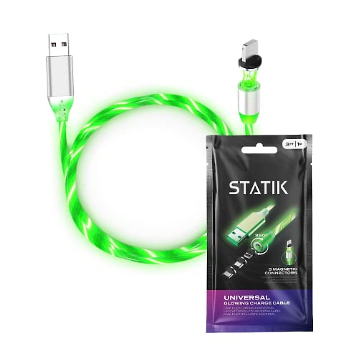 Statik GloBright Universal Light-Up Cable - Magnetic Smart Fast Charging Charger with Durable Nylon Braid - Lights up in The Dark (Green)