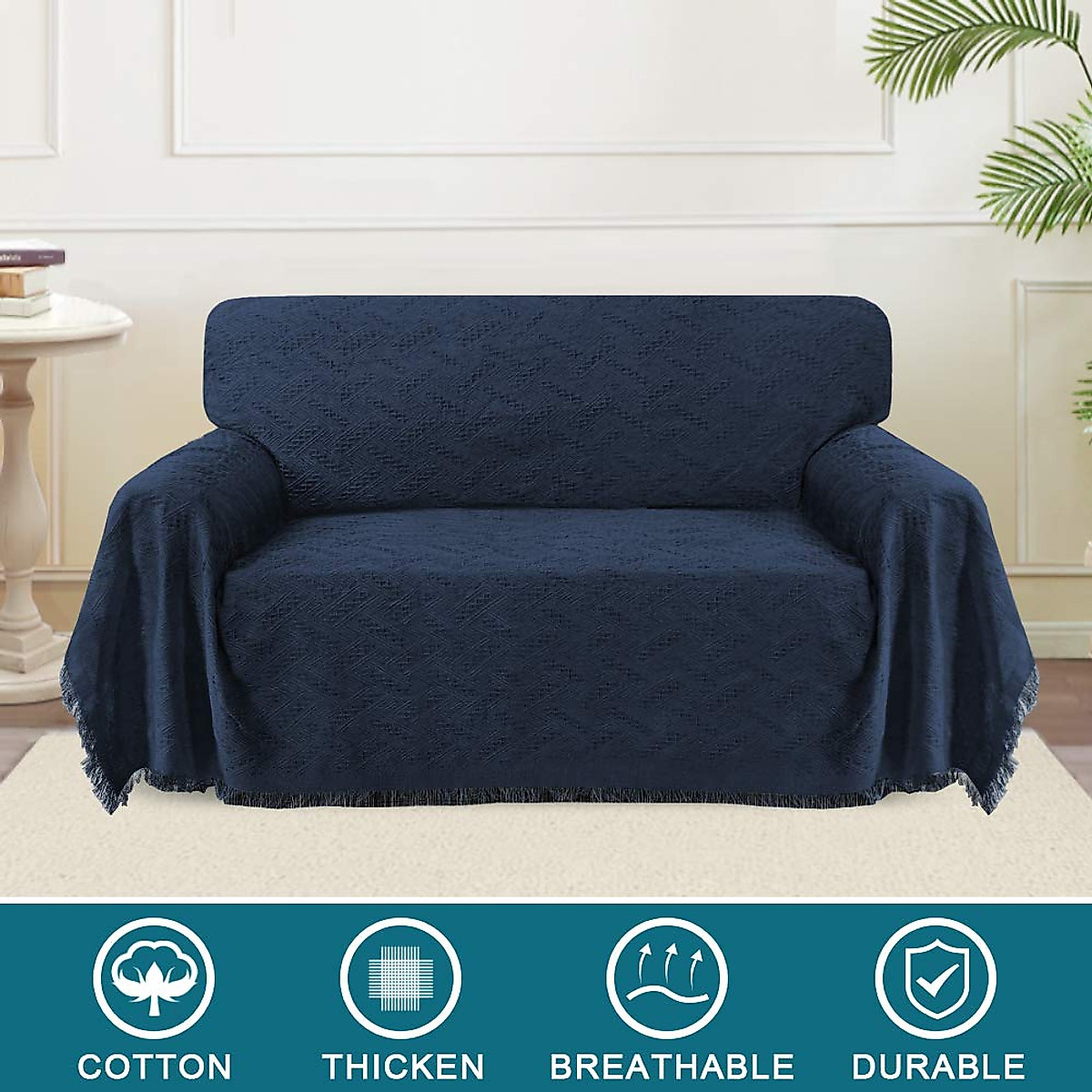 Turquoize Cotton Sofa Cover Couch Cover Navy Couch Protector Sofa Throw Cover for Couches Washable Sectional Sofa Couch Covers for Dogs Feature Geometrical Woven Fabric(71"x 102",Large, Navy)
