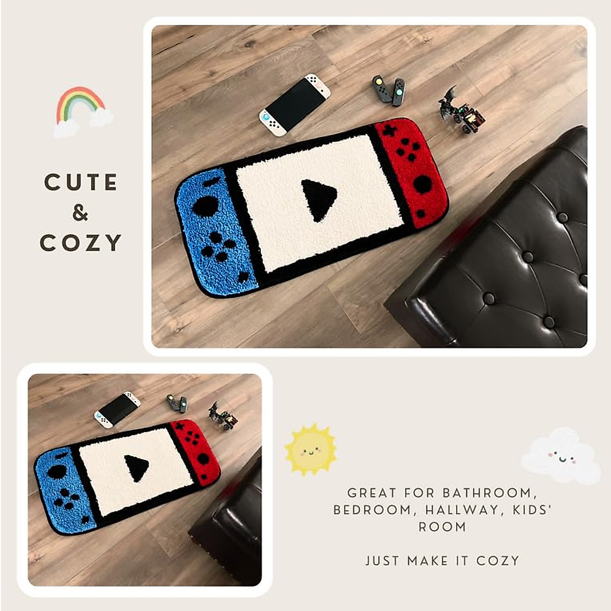 Cute Gaming Rug Cartoon Game Console Game Controller Floor Mats, Non Slip Extra Soft Absorbent Rugs, Machine Washable Mat, Game Room Carpet Shower Mat Indoor Door Mat (16" x 32", Game Console)