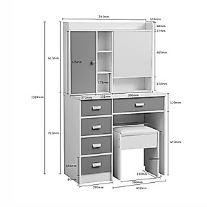 meolanov Large Vanity Desk Set with Mirror and Hidden Shelves & Cushioned Stool & 5 Drawers, White for Women Girls Bedroom