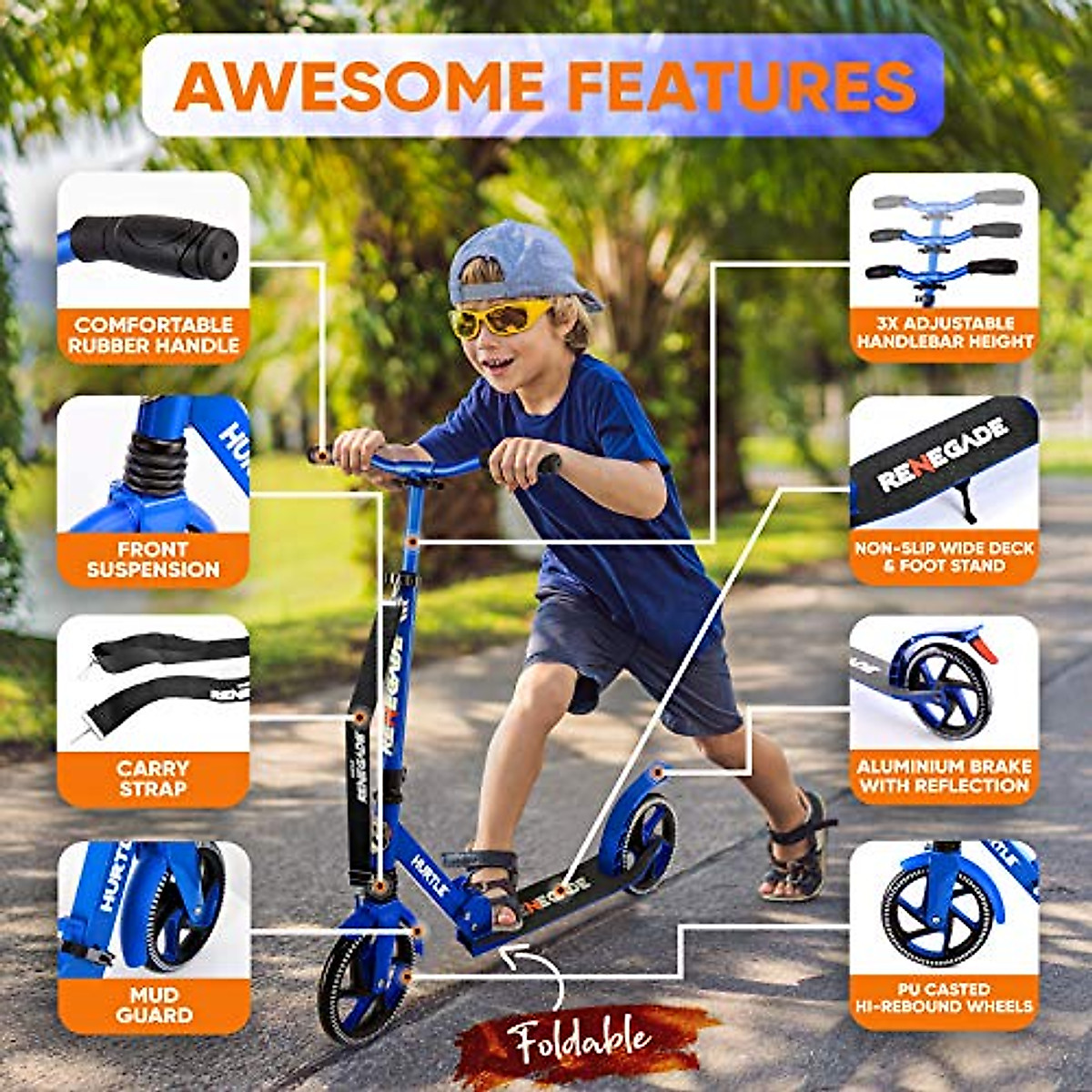 Hurtle Lightweight and Foldable Kick Scooter - Adjustable Scooter for Teens and Adult, Alloy Deck with High Impact Wheels (Blue)