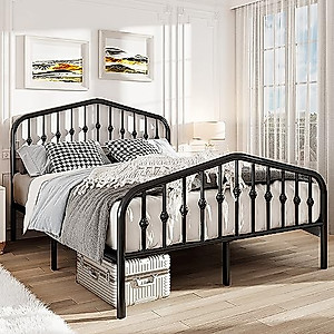 Allewie Full Size Metal Platform Bed Frame with Vintage Headboard and Footboard, No Box Spring Needed, Easy Assembly, Black