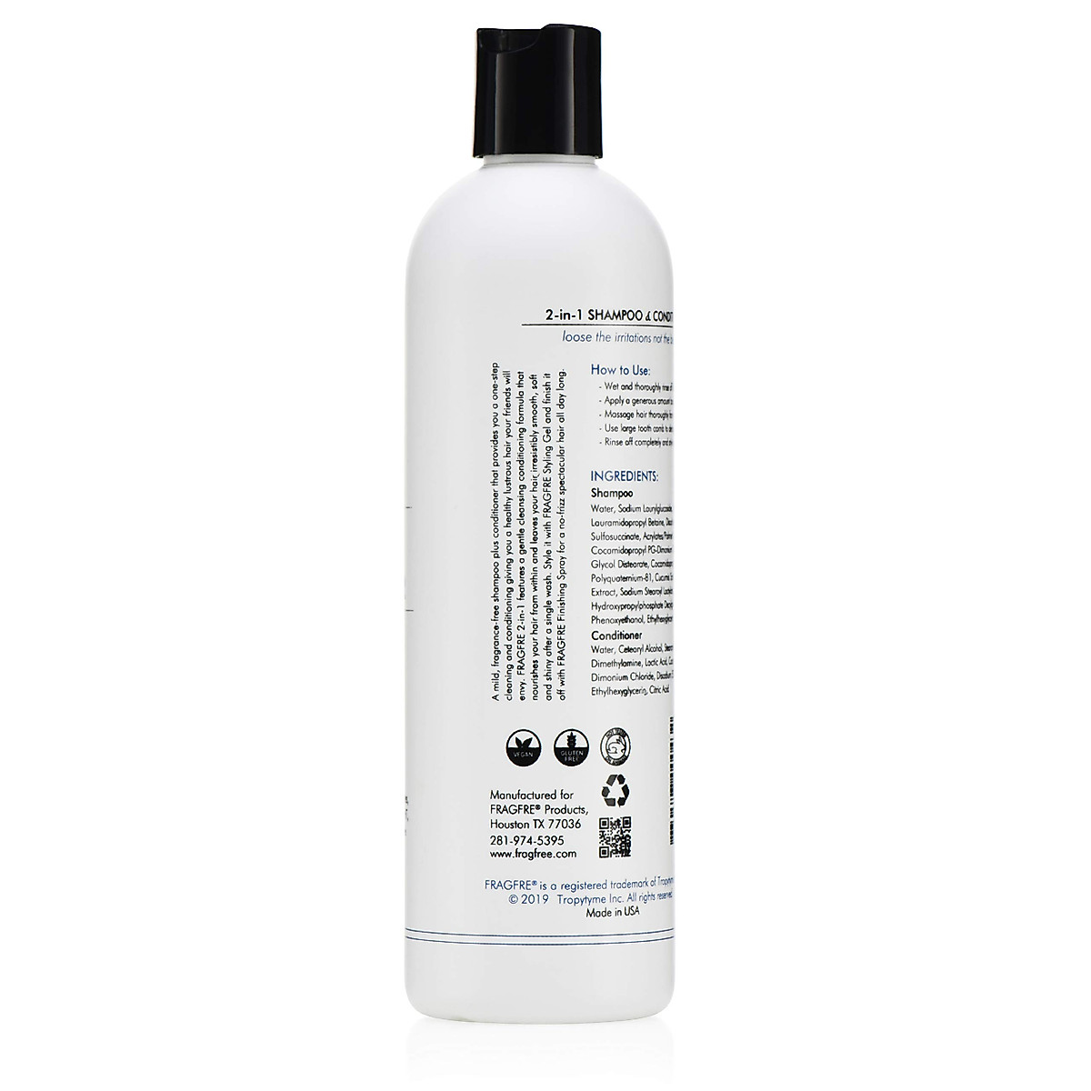 FRAGFRE 2 in 1 Shampoo and Conditioner 12 oz - Fragrance Free Conditioning Shampoo for Short to Medium Hairs - Color Safe Wash and Go - Sulfate Free Cleansing Conditioner for Sensitive Scalps (1 Pack)