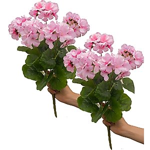 Mumiko 2PCS 18" Artificial Geraniums Silk Flowers Outdoor UV Resistant Garden Plants Bush Light Pink