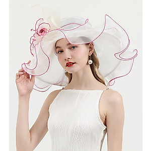 RZTA Women's Kentucky Derby Church Dress Hat Wide Brim Leaf Flower Bridal Shower Hat 01White,Pink