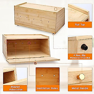 Upgraded Bamboo Bread Box, No Assembly Required Bread Box for Kitchen Counter, All In One Piece Bread Storage with Air Vents, Large Capacity Bread Storage Container, Bread Storage Organizer Holder