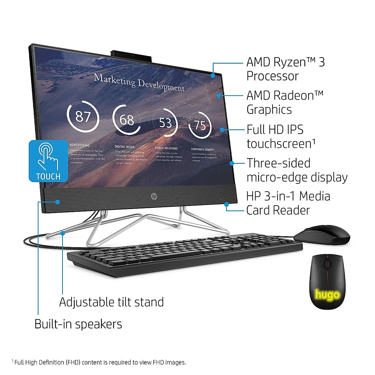 HP 2020, 22 All-in-One Desktop Computer 21.5 FHD Touchscreen/AMD Ryzen 3 3250U/ 8GB DDR4 RAM/ 1 TB HDD/DVD-Writer/AC WiFi/HDMI/Bluetooth/Black/Windows 10 Home with Hugo Mouse (Renewed)