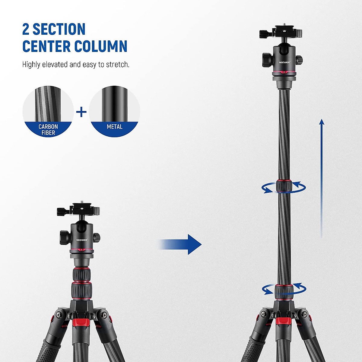 Neewer 79 Inches Carbon Fiber Camera Tripod Monopod with 2 Center Axis, 360 Degree Ball Head, 1/4 inch Quick Shoe Plate and Bag for DSLR Camera Video Camcorder Travel and Work，Load up to 26.5 pounds