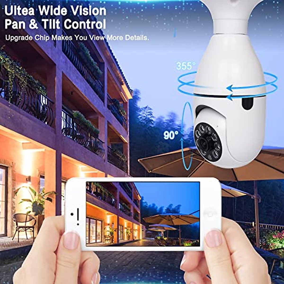ORLMA Wireless WiFi Light Bulb Camera, 360 Degree E27 Bulb Security Camera Outdoor, Home Surveillance Cameras System with Human Motion Detection and Alarm (White-2PC)