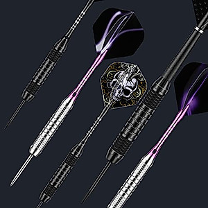 12 Pack Darts Metal Tip Set 22/24 Grams, Steel Tip Darts with Premium Black Purple Aluminum Shafts, Extra 50 Rubber O-rings 6 Nylon Shafts 24 Flights 12 Spring Rings 16 Flights Protector 1 Tool Kit