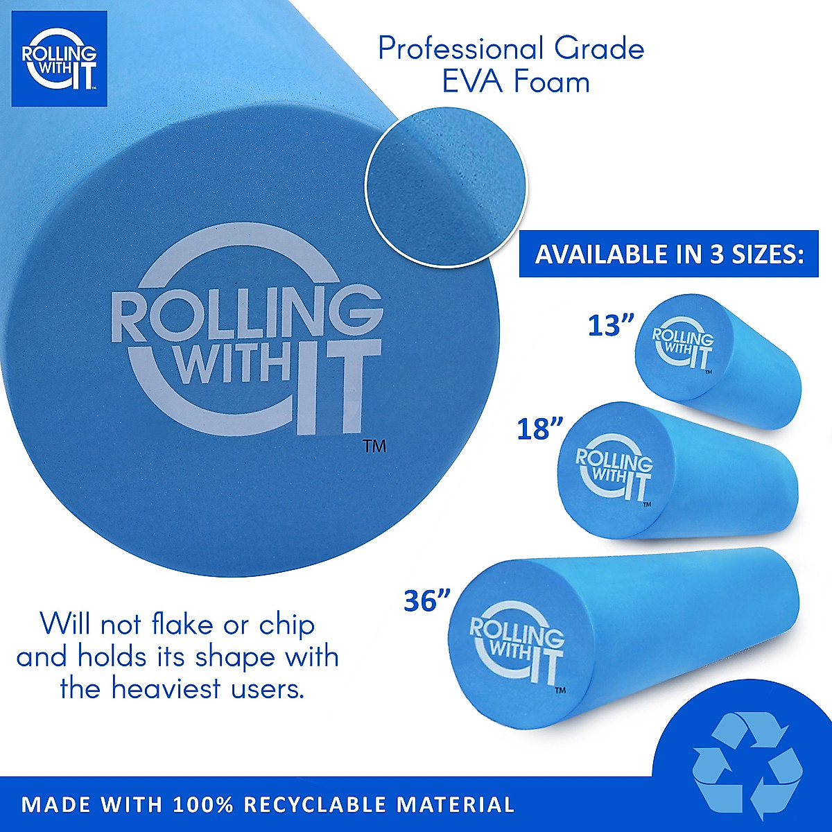 Rolling With It Foam Roller with High Density for Physical Therapy, Muscle Roller for Exercise and Muscle Recovery, Eco-Friendly Back Roller, Firm and Smooth Surface Massage Roller, Size: 18 inches