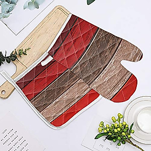 Oven Mitt and Pot Holder Set Heat-Insulation Gloves 2Pcs Vintage Farm Barn Red-Brown Gradient on Wood Grain Polyester & Cotton Oven Mitts Set for Cooking and Baking