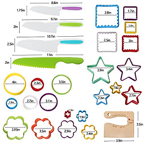 COZYMATE 27 Pieces Wooden Kids Kitchen Knife and Cookie Cutter Set, Kid Safe Knives Cutting Veggies Fruits Include Wood Knife Serrated Edges Knives Sets Cookie Cutters for Toddler Kitchen