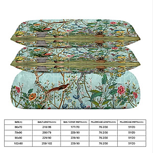 MSSHUKYTT Abstract William Morris Floral Bird Duvet Cover Set 3 Piece Queen Size,Rustic Mid Century Spring Garden Green Leaves Florals Bedding Set 2 Pillow Sham(No Insert)