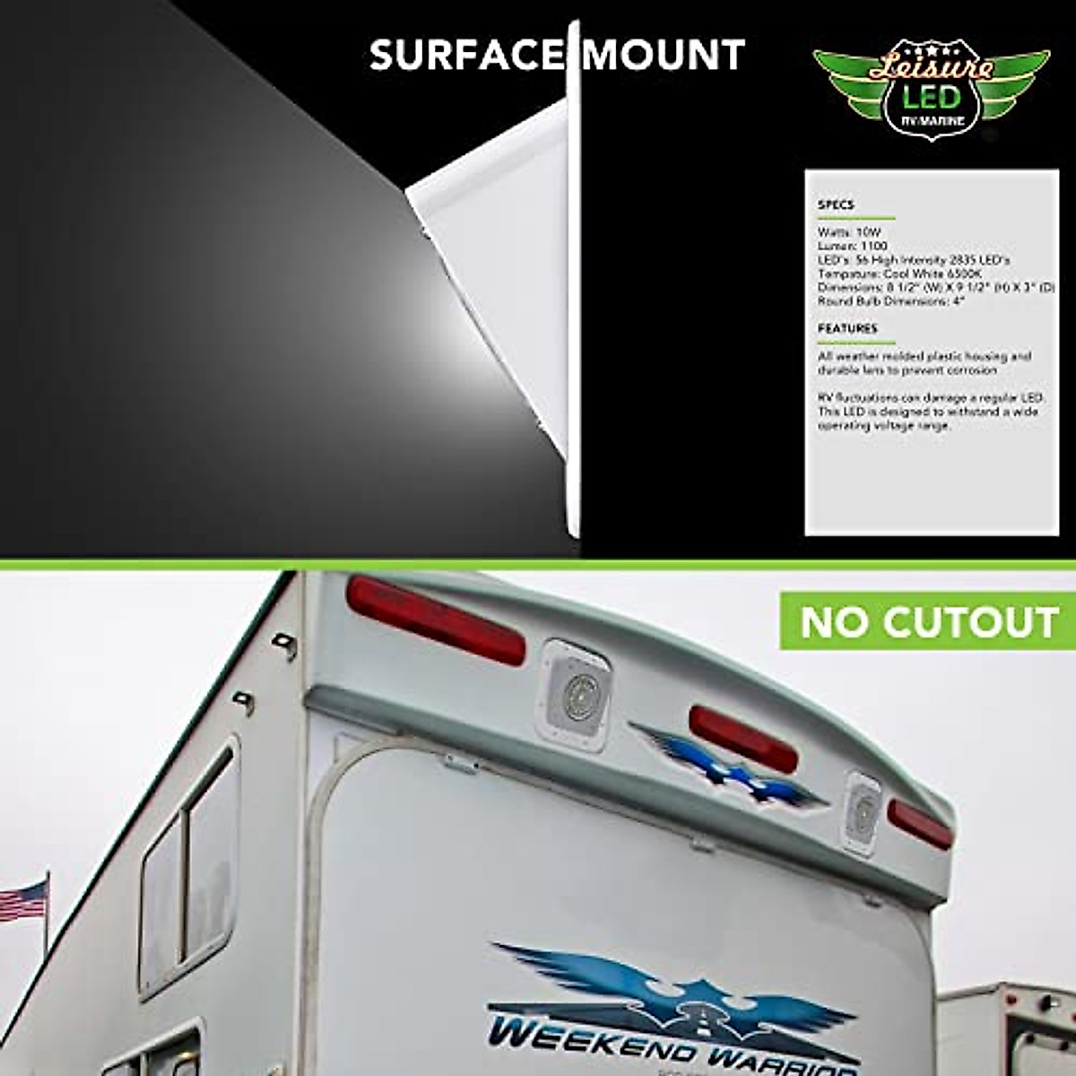 Leisure LED RV Exterior Surface Mount Flood Porch Utility Light - White 12v 1100 Lumen Lighting Fixture Replacement Lighting for Weekend Warrior RVs, Trailers, Campers, 5th Wheels (White)