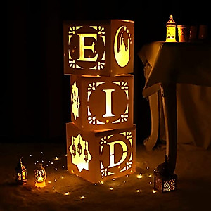 Decoration Boxes with Light - 3pcs White Hollow-out with Warm Light String,EID Cultural Paper Elements Box for Eid al-Fitr Decor Eid al-Adha Festival Ramadan Mubarak Muslim Islamic Supplies