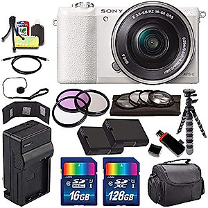 Sony Alpha a5100 Mirrorless Digital Camera with 16-50mm Lens (White) + Battery + Charger + 144GB Bundle 7 - International Version (No Warranty)