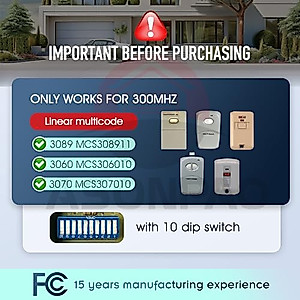 1 for Multicode Gate Opener Remote 3089 MCS308911,3060 MCS306010,3070 MCS307010 Garage Door Opener 3-Years-Warranty