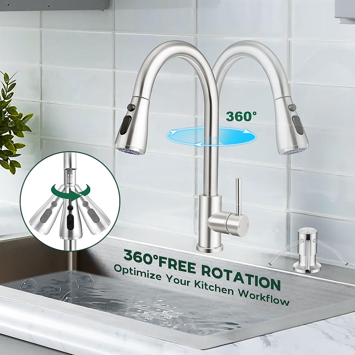 Onader Kitchen Faucet with Pull Down Sprayer Brushed Nickel Faucet with Soap Dispenser Stainless Steel Farmhouse RV Kitchen Sink Faucets