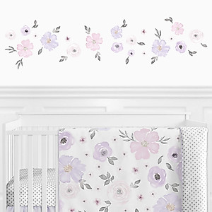 Sweet Jojo Designs Purple and Grey Watercolor Floral Peel and Stick Wall Decal Stickers Art Nursery Decor - Set of 4 Sheets - Lavender, Pink, Gray and White Rose Flower