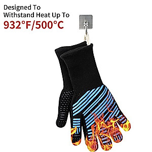 932℉ Extreme Heat Resistant BBQ Gloves, Food Grade Kitchen Oven Mitts - Flexible Oven Gloves with Cut Resistant, Silicone Non-Slip Insulated Hot Glove for Grilling, Cooking, Baking, Welding (1 Pair)