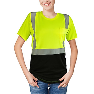 DPSAFETY High Visibility Shirts Quick Dry Safety T Shirts with Reflective Strips and Pocket Short Sleeve Mesh Hi Vis Construction Work Class 2 Shirt for Men/Women Black Bottom Lime,Medium