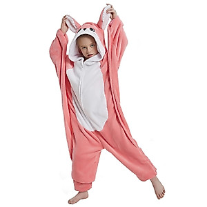 ABASACO Flying Squirrel Onesie Kids Plush Animal Costume One Piece Pajamas Girls Teen Halloween Cosplay Sleepwear Pink 10-11 Years