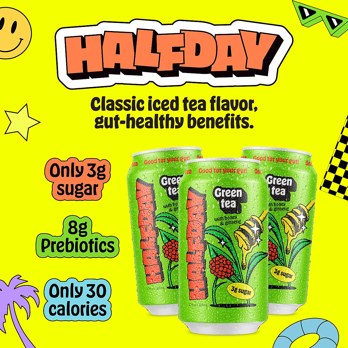Halfday Prebiotic Green Tea with Honey and Ginseng 12-Pack - Nostalgic Flavor, Low Sugar, Incredible Taste - Paleo, Gluten Free, Drinks for Gut Health - Lightly Sweetened, Healthy Canned Iced Tea - 12