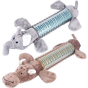 CCDAY Plush Squeaky Dog Chew Toys 3 Packs, Indestructible Tough Durable Dog Toothbrush Toys for Small and Medium Dogs Natural Material Dental Care Puppy Toys (Brown& Gray)