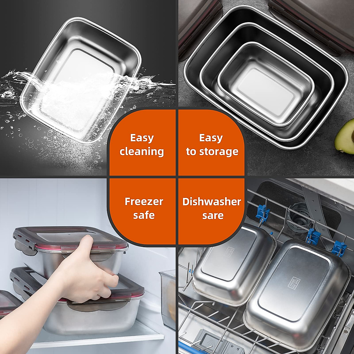 XingXiuSis Stainless Steel Food Storage Container with Lids Set of 3 Leak-proof Metal Food Containers Meal Prep Containers Lunch Box for Dishwasher/Freezer/Oven Safe, 600ml/ 1500ml/ 2900ml Stackable