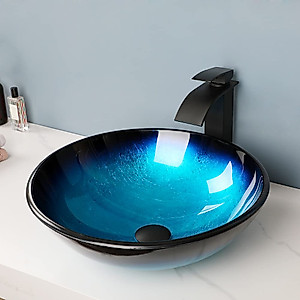 MEKKHALA Blue Bathroom Sinks Balck Glass Vessel Sinks for Bathroom Countertop Round Vanity Sink Bowl Combos Black Mixer Faucet and Drain Set Glass Basin Bowl for Bathrooms Large