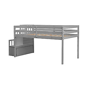 Bellemave Low Loft Bed with Stairs Twin Loft Bed with Storage Wood Bed Frame for Kids Teens Girls Boys, Gray