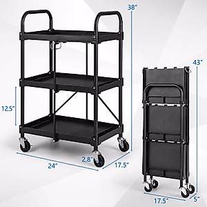 Goplus Folding Utility Cart, 3-Tier Rolling Tool Cart w/Lockable Wheels, Divided Storage Compartments, Collapsible Metal Service Cart Work Cart for Office Home, Garage, Kitchen, Black
