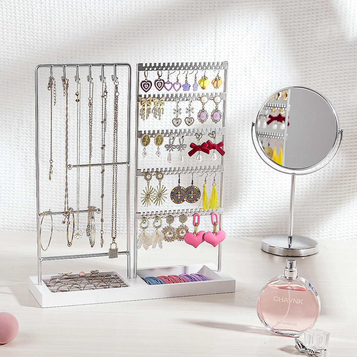 Vtopmart Jewelry Holder Organizer Stand Tree for Earring Necklace Ring Bracelets Display and Storage, with 90 Holes, 12 Hooks, Silver+White