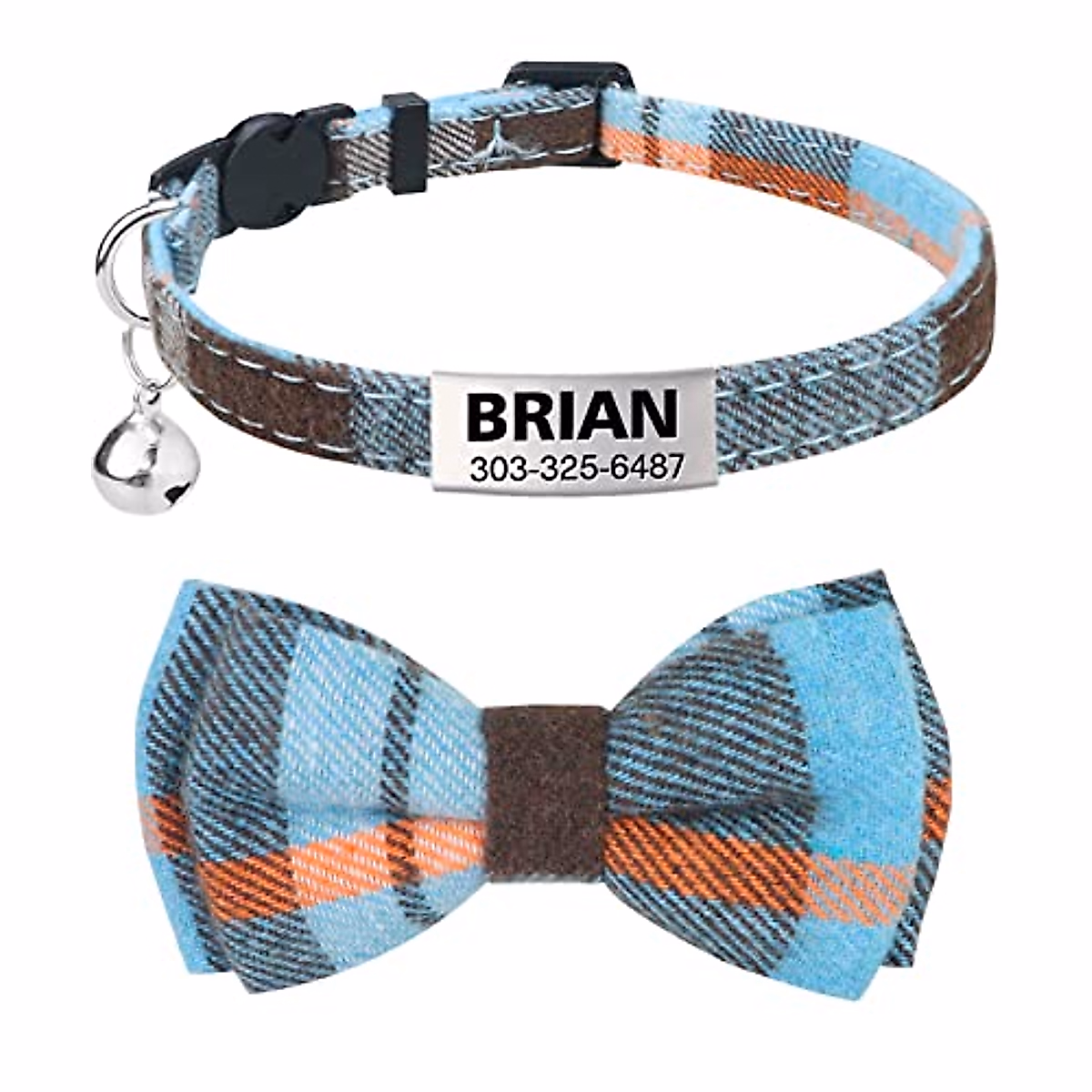 TagME Personalized Cat Collar, Breakaway Tartan Kitten Collar with Cute Bow Tie & Bell, Stainless Steel Slide-on Pet ID Tag Engraved with Name & Phone Numbers, Haze Blue