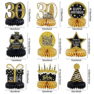 30th Birthday Decorations, Table Honeycomb Centerpiece, 30 Year Old Man and Woman Party Decorations Supplies, Honeycomb Decorations for Man Women, Black and Gold Birthday Ornaments-9 Pieces