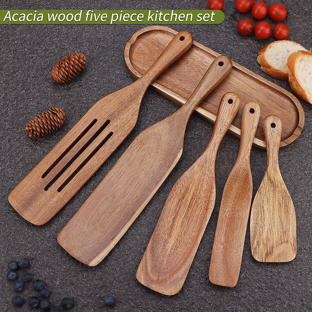 AOOF Wooden Spatula for Cooking, 6Pcs Natural Acacia Kitchen Utensil Set, Slotted, Spreader,Heat Resistant Non Stick Wood Cookware for Mixing,13(01)