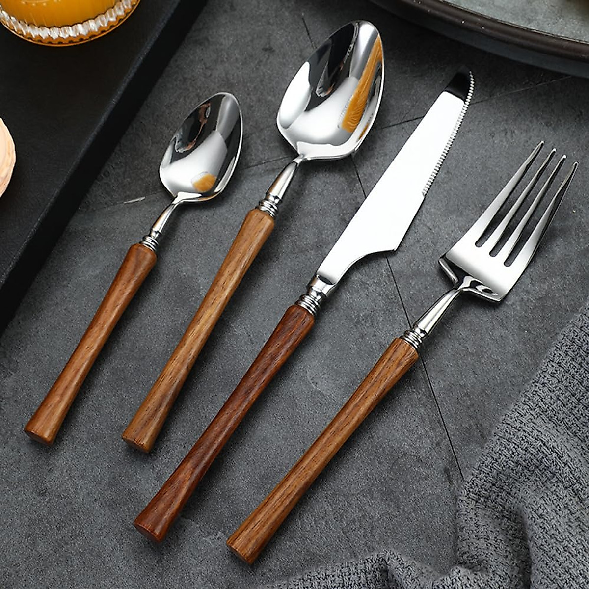 Aimilan 20 Piece Silverware Set for 4, 18/10 Stainless Steel Rosewood Wooden Handle Flatware Cutlery Set for Home Kitchen Restaurant, Mirror Finish, Dishwasher Safe (20-Piece for 4)